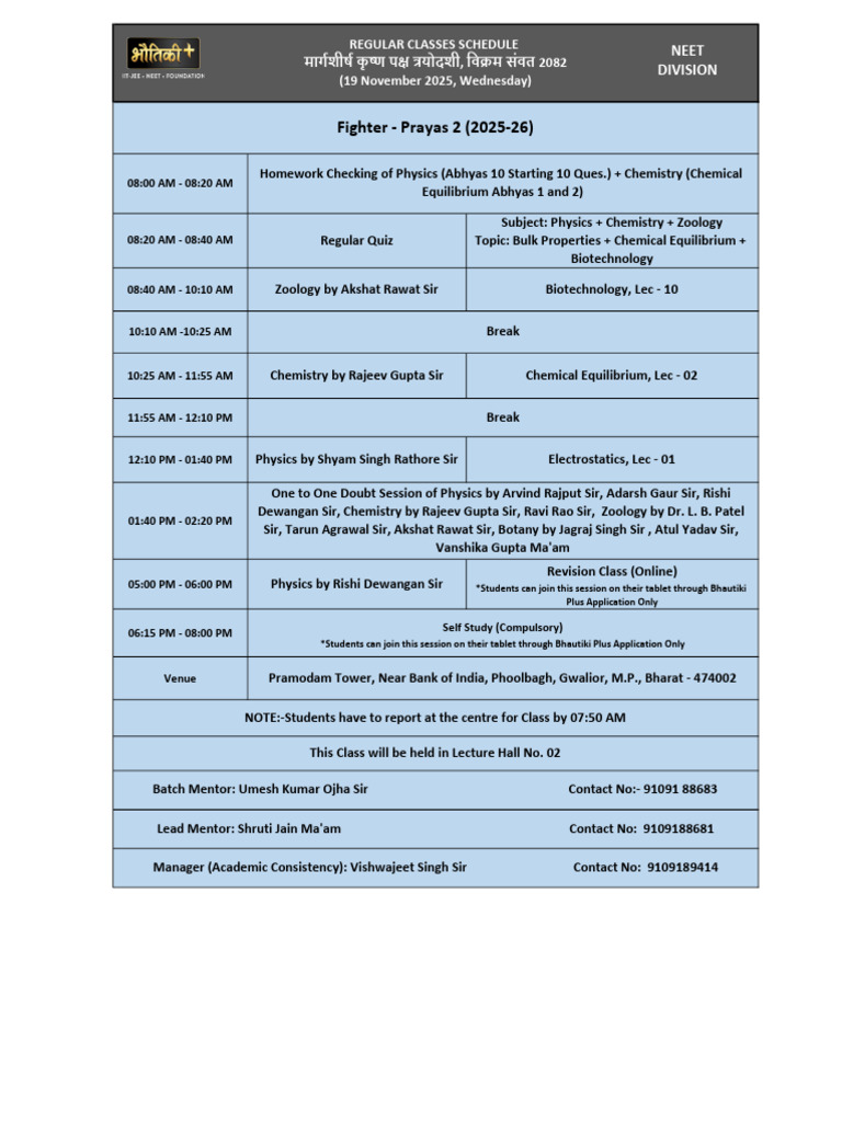 Regular Classes Schedule Fighter Prayas 2 (19!11!2025) | PDF | Physical ...