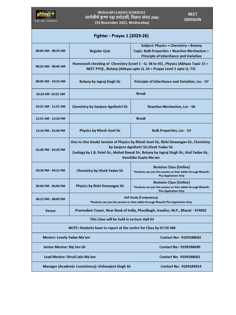 Regular Classes Schedule Fighter Prayas 1 (19!11!2025) | PDF | Natural ...