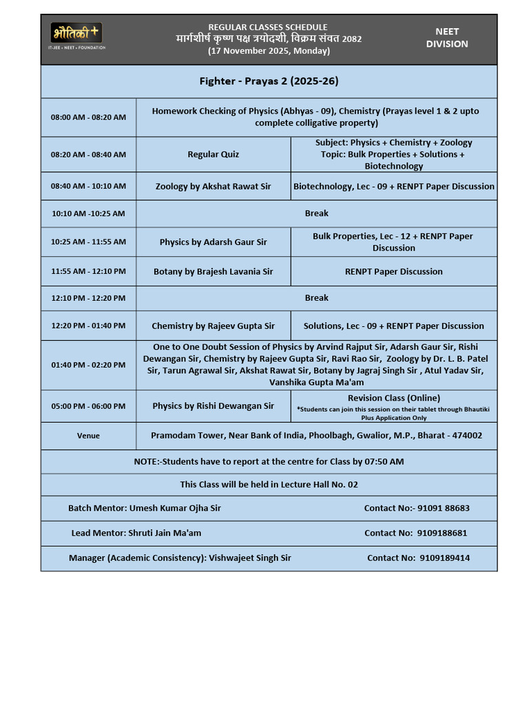 NEET Regular Class Schedule 2025-26 | PDF