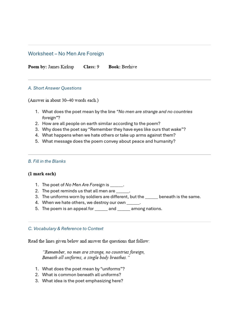No Men Are Foreign Worksheet | PDF