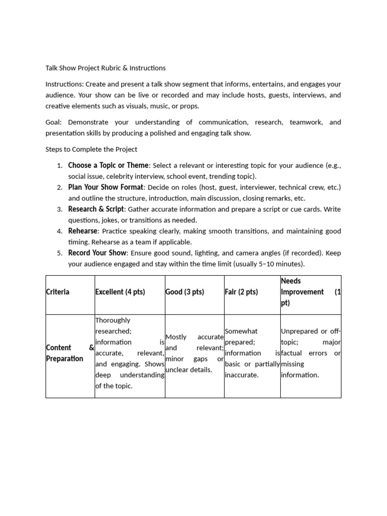 Talk Show Project Guidelines & Rubric | PDF | Cognition | Communication