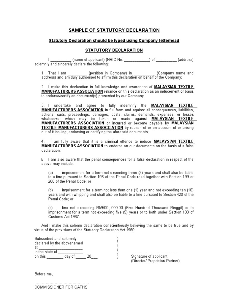 Sample of Statutory Declaration | PDF Sample of Statutory Declaration | PDF