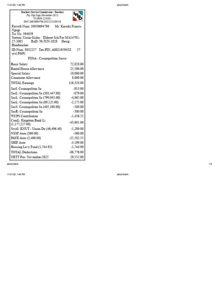 Pay Slip Copy (November-2025) : Teachers Service Commission - Teachers ...