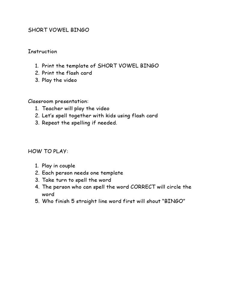 Short Vowel Bingo Game Instructions | PDF
