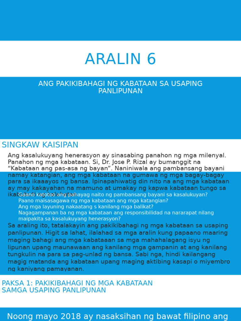 Aralin 6 Pakikibahagi NG Kabataan Sa Usaping Panglipunan Group 2 | PDF