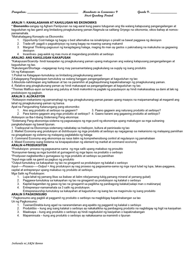 Handouts AP 9 Quarter 1 | PDF
