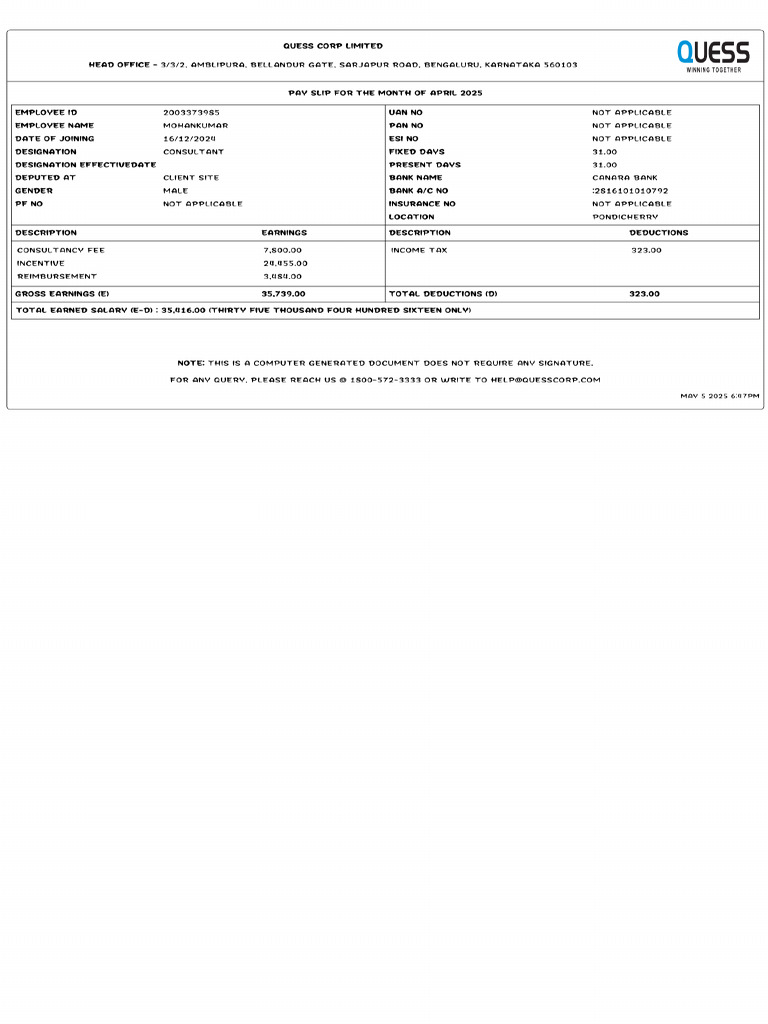 Mohankumar - V - April 2025 - Salary Slip - April-2025 | PDF