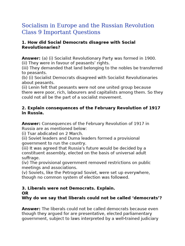 Socialism in Europe and The Russian Revolution Class 9 Important ...