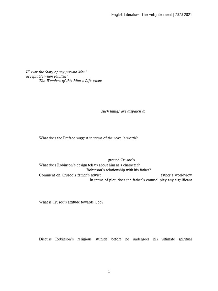 Robinson Crusoe - Study Questions | PDF | Robinson Crusoe | Daniel Defoe