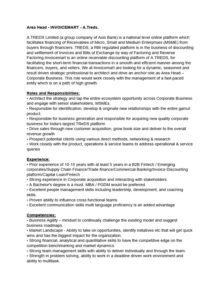 Area Head JD | PDF | Factoring (Finance) | Sales