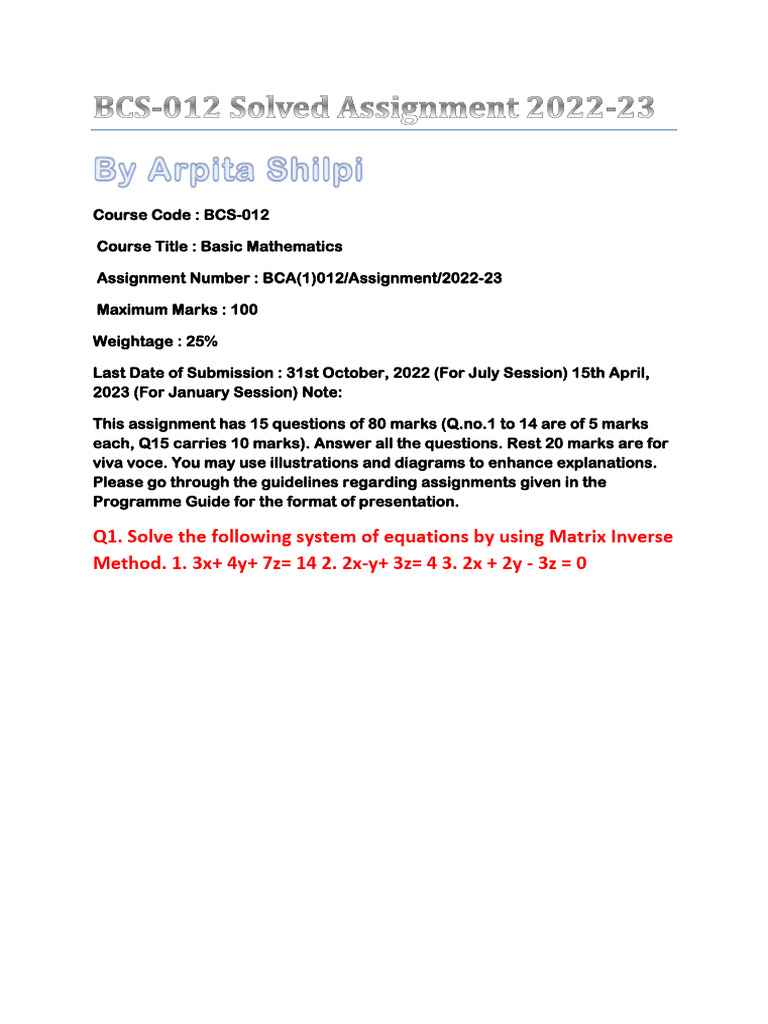 Basic Mathematics Assignment BCS-012 | PDF