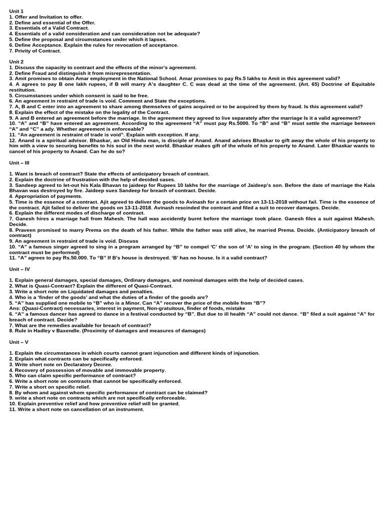 Question Important in Contract | PDF | Legal Remedy | Specific Performance
