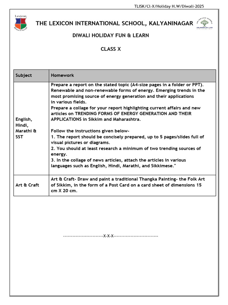 TLISK CL-X Diwali-Holiday-Homework October 2025 | PDF