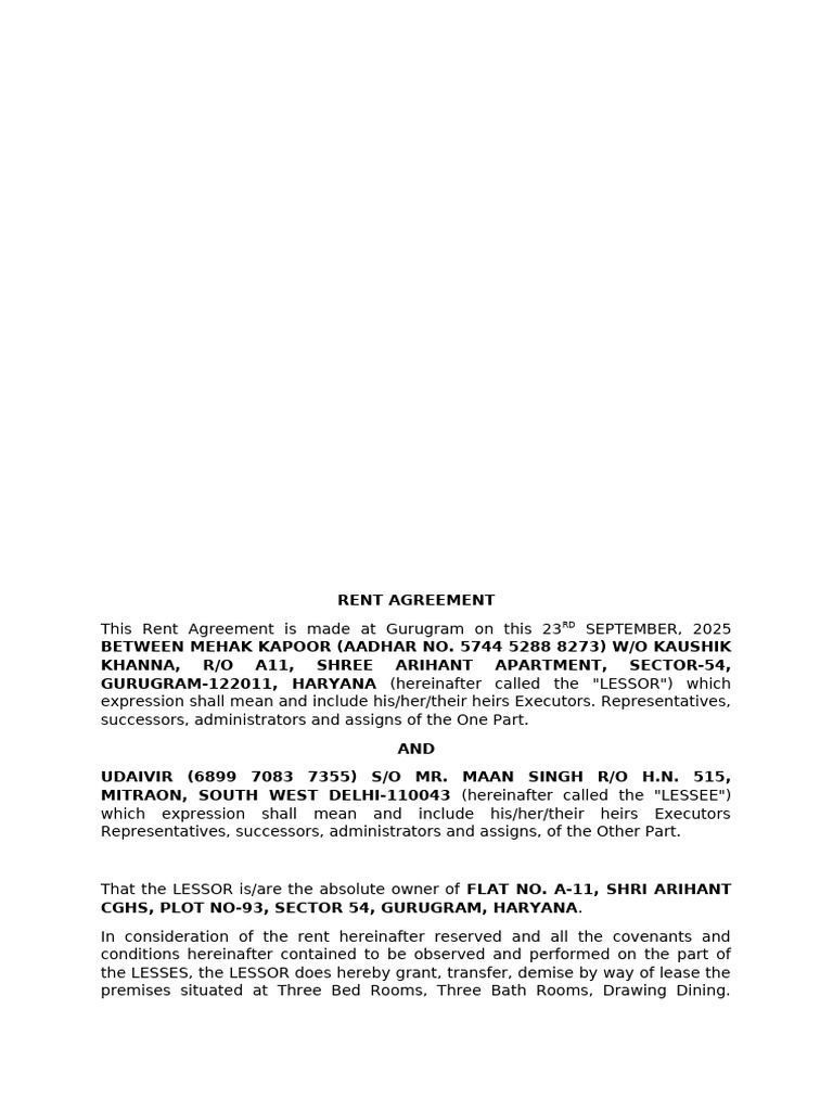 Gurugram Rent Agreement for Flat A-11 | PDF | Lease | Property Law