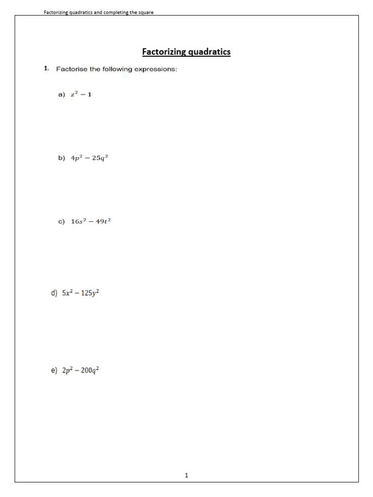 Factorizing Quadratics HW Sheet | PDF