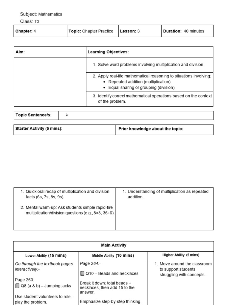 Lesson Plan T3 Math | PDF | Multiplication | Human Communication