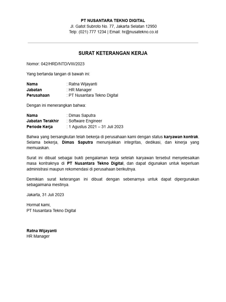 Surat Keterangan Kerja Dimas Saputra | PDF