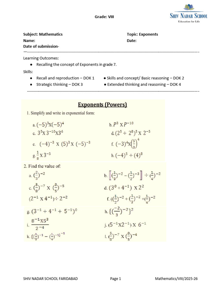 Recall Worksheet - Exponents - VIII | PDF