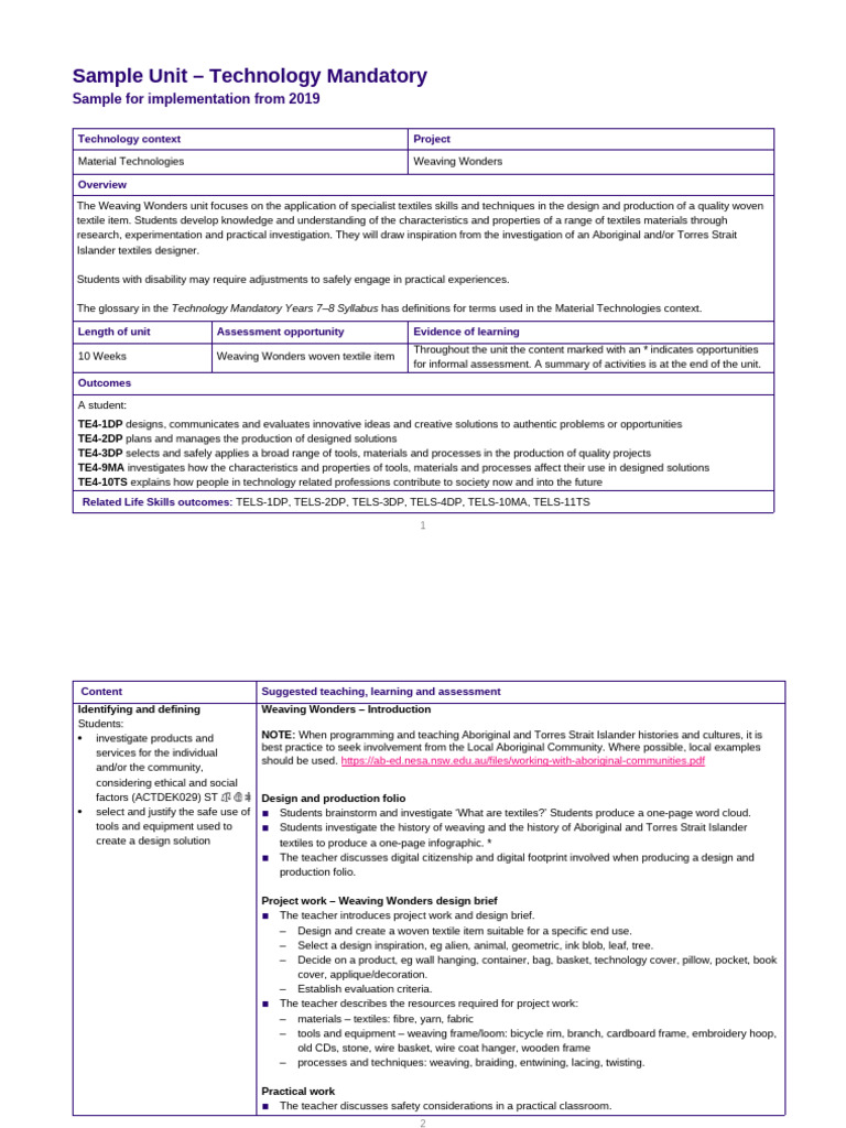 Technology Mandatory Years 7 8 Sample Unit Materials | PDF | Weaving ...