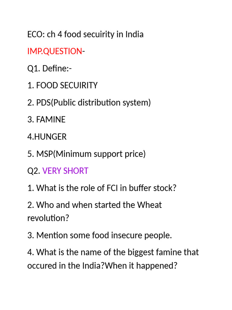 Ch4 Food Secuirity in India Class 9th Eco | PDF