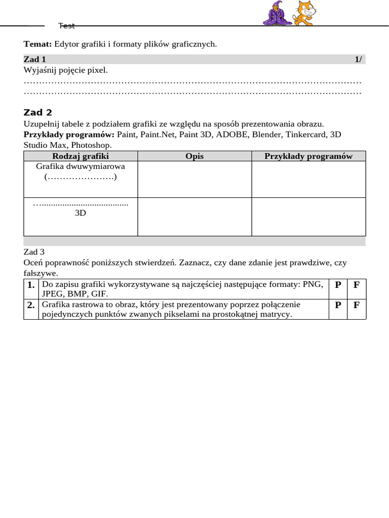Kartkówka Kl.3 (Edytor Grafiki I Formaty Plików Graficznych) | PDF