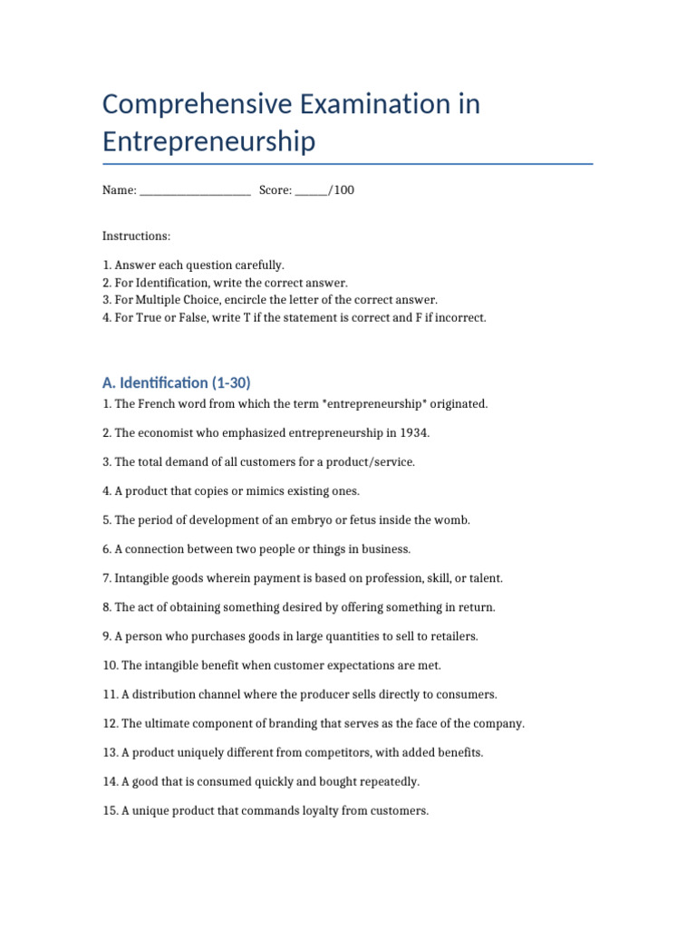 Entrepreneurship 100 Item Test | PDF | Pricing | Brand