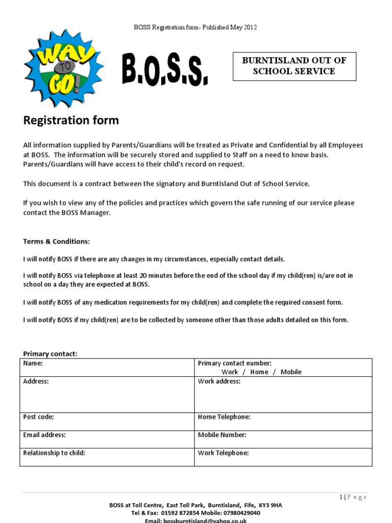 BOSS Registration Form | PDF | Fee | Child Care