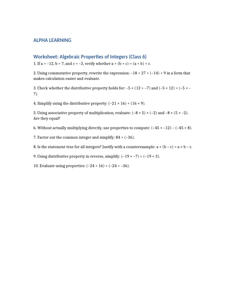 Class6 Algebraic Properties of Integers | PDF