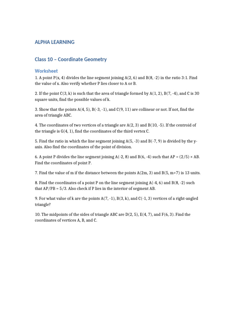 Class 10 Coordinate Geometry Worksheet | PDF