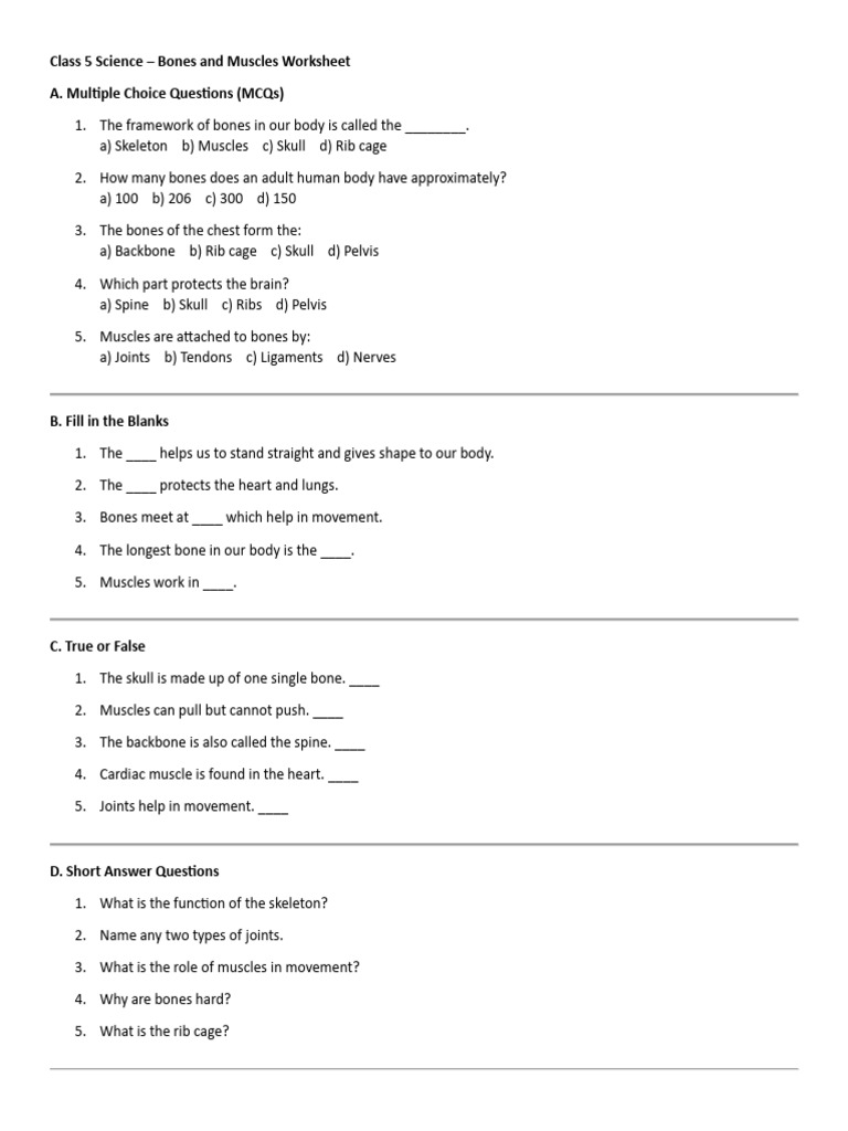 Class 5 Science: Bones and Muscles Worksheet | PDF