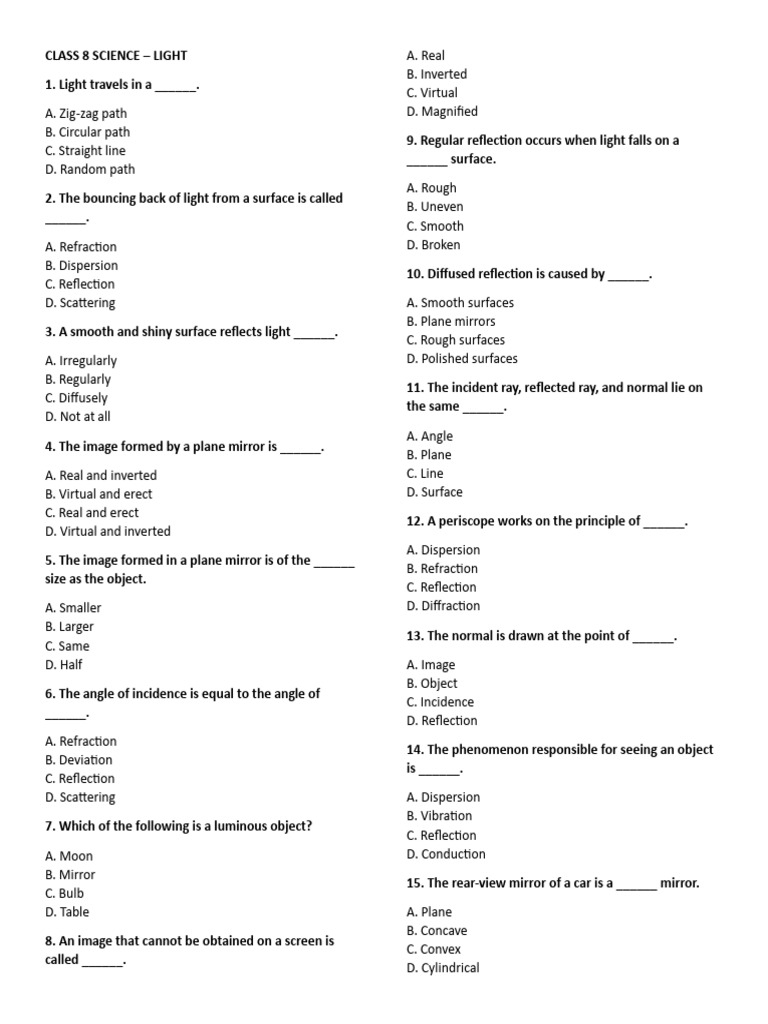 Class 8 Science: Light Quiz Answers | PDF | Mirror | Reflection (Physics)