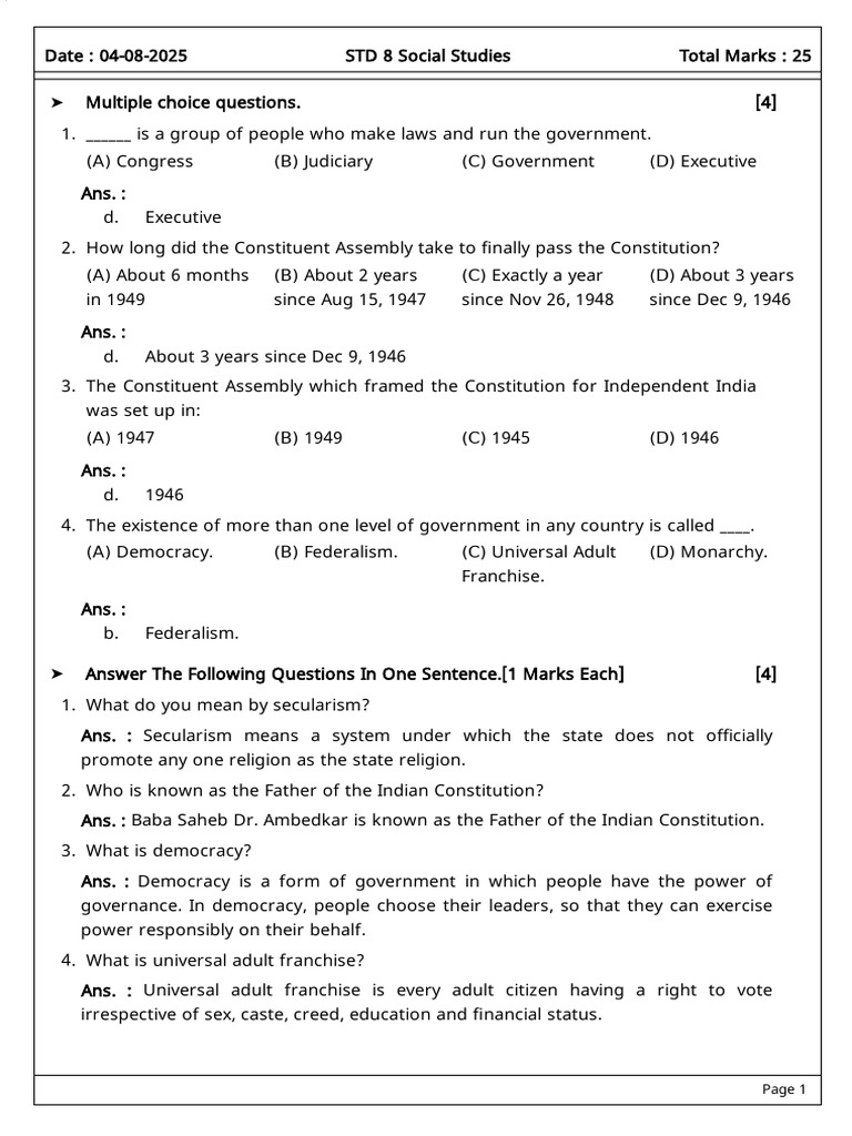 STD 8 Civic Chapter 1 - Solution | PDF | Separation Of Powers | Government