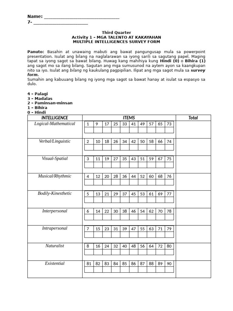 Q3 Multiple Intelligences Survey Form | PDF
