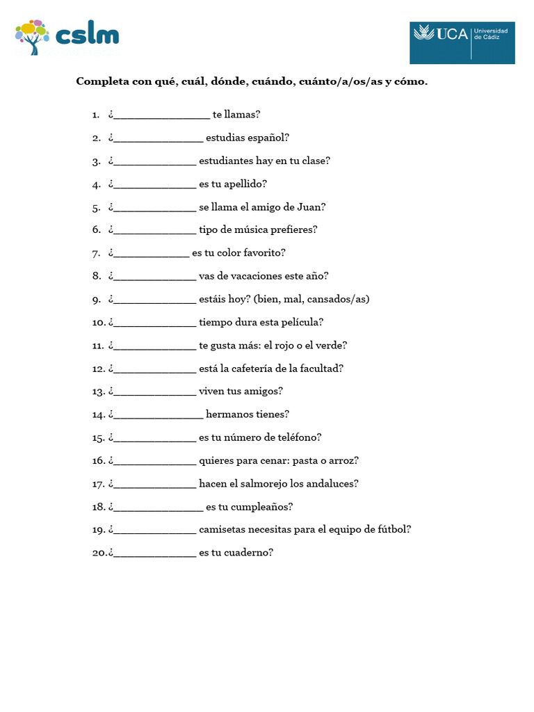 Preguntas en Español: Completa el Cuestionario | PDF