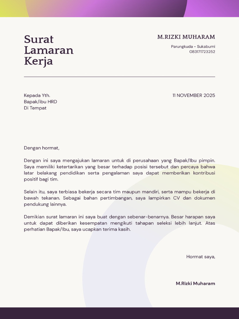 Surat Lamaran Kerja (Rizki) | PDF