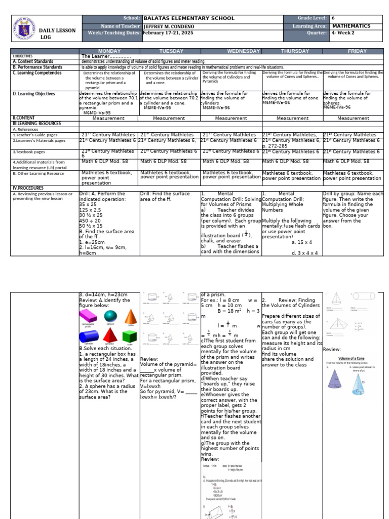 DLL Math 6 - Q4-W2 | PDF | Volume | Area