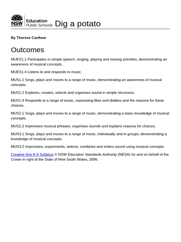 Creative Arts Es1 s1 s2 s3 Music Dig a Potato | PDF