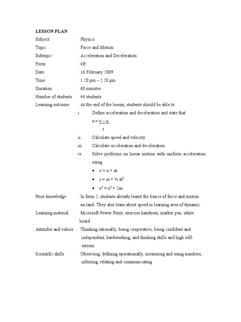 Force and Motion: Acceleration Lesson Plan | PDF | Acceleration | Velocity