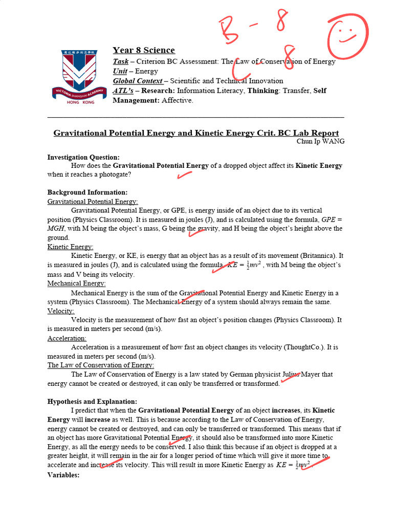 Energy Conversion Lab Report: GPE & KE | PDF | Science | Methodology