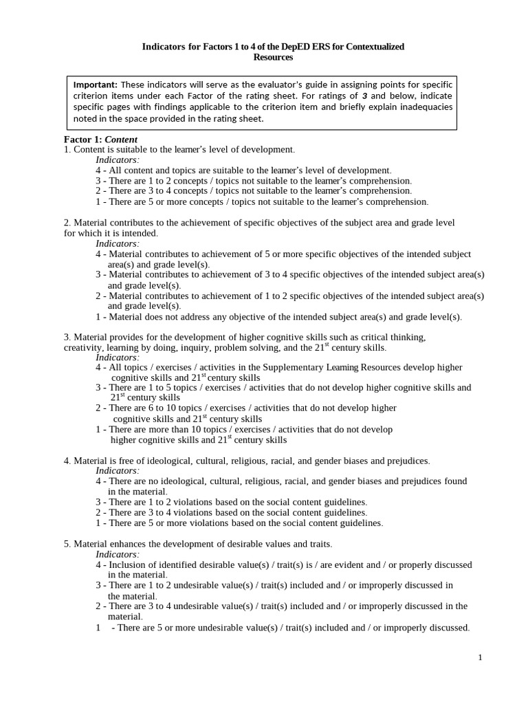 DepED ERS Evaluation Indicators Guide | PDF | Learning | Bias