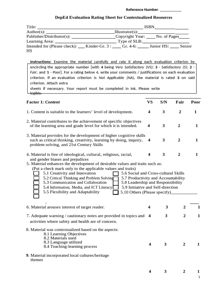 DepEd Evaluation Sheet for Learning Resources | PDF | Learning ...