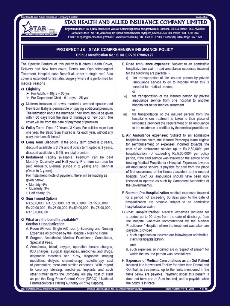 Prospectus Star Comprehensive Insurance Policy V 12 Dc6058c95e | PDF ...