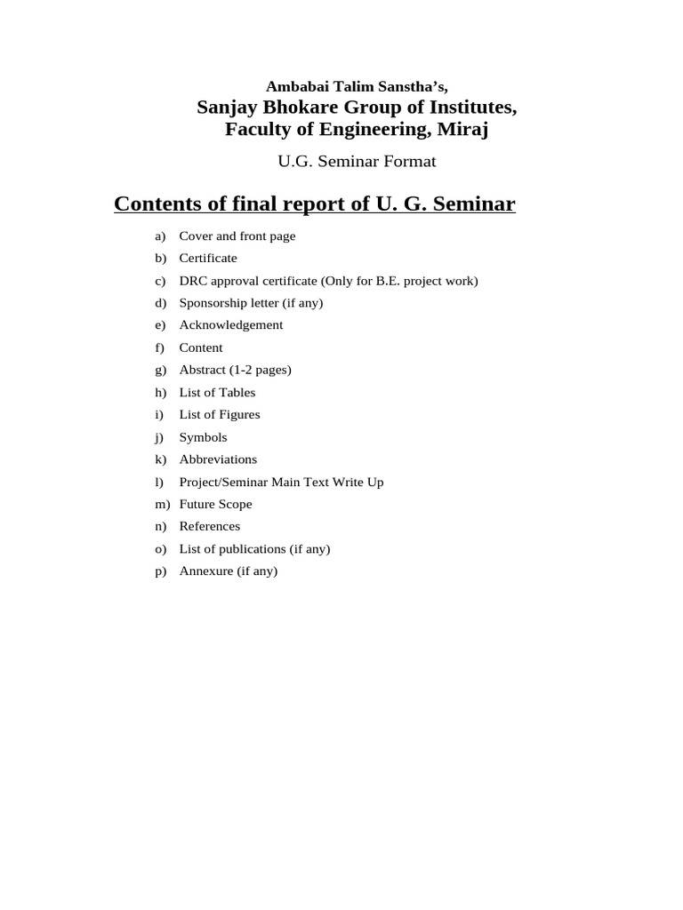 U.G. Seminar & Project Format | PDF | Abstract (Summary) | Times New Roman