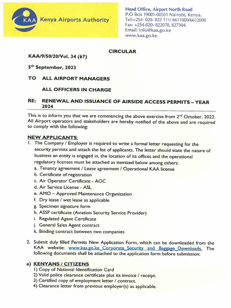 Circular For Renewal and Issuance of Airside Permits Year 2024 | PDF