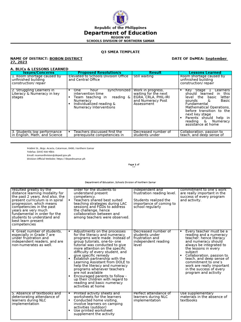 Northern Samar Q3 SMEA Report 2023 | PDF | Literacy | Curriculum
