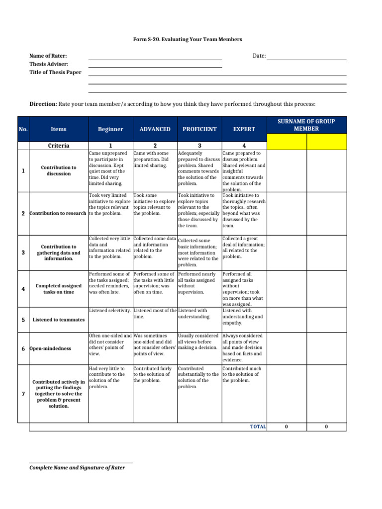 Team Member Evaluation Form S-20 | PDF | Thesis | Cognitive Science