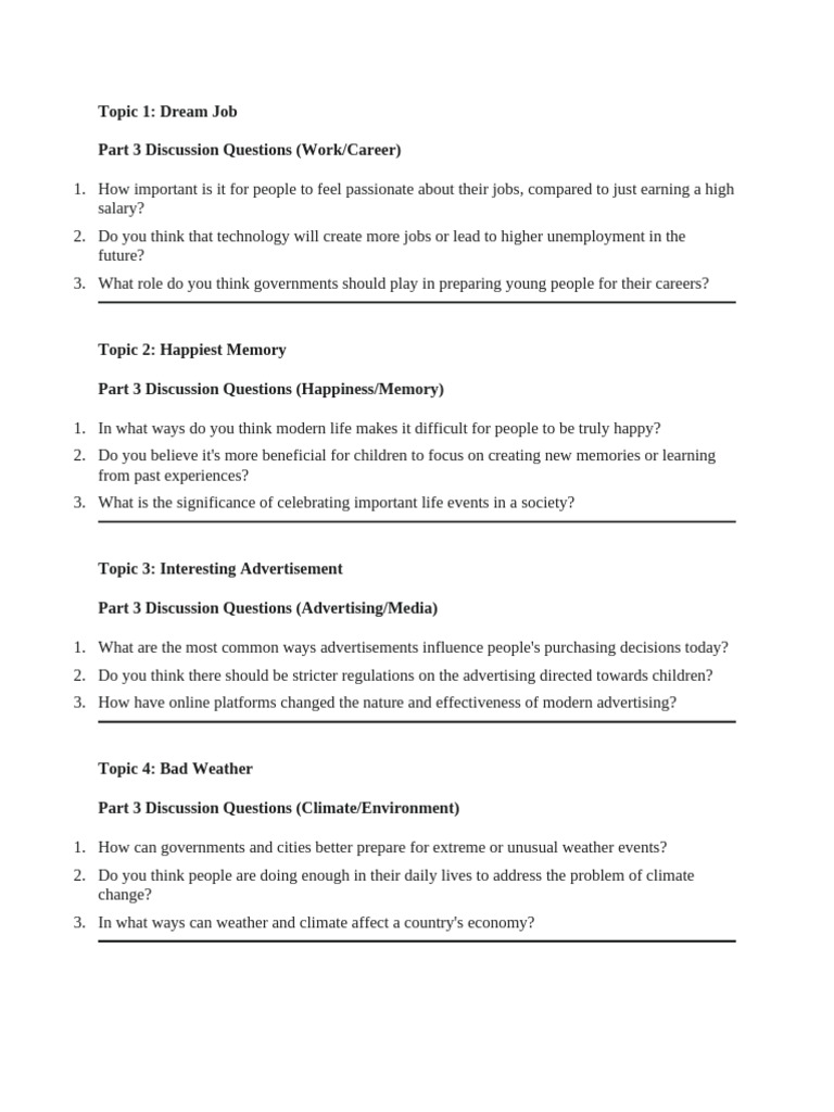 Discussion Questions on Various Topics | PDF | Tourism