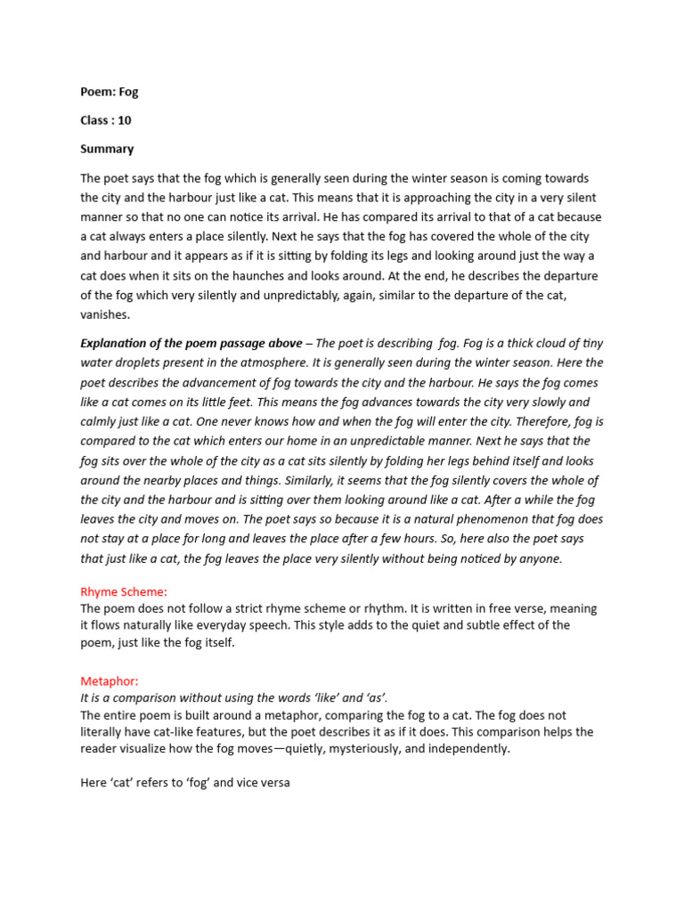 Poem: Fog Class: 10: Explanation of The Poem Passage Above | PDF ...