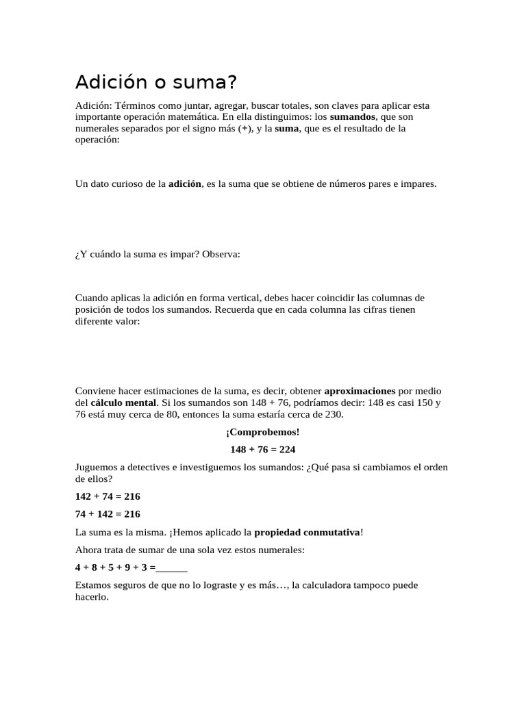 Adición o Suma, Mataerial de Apoyo Matematica | PDF