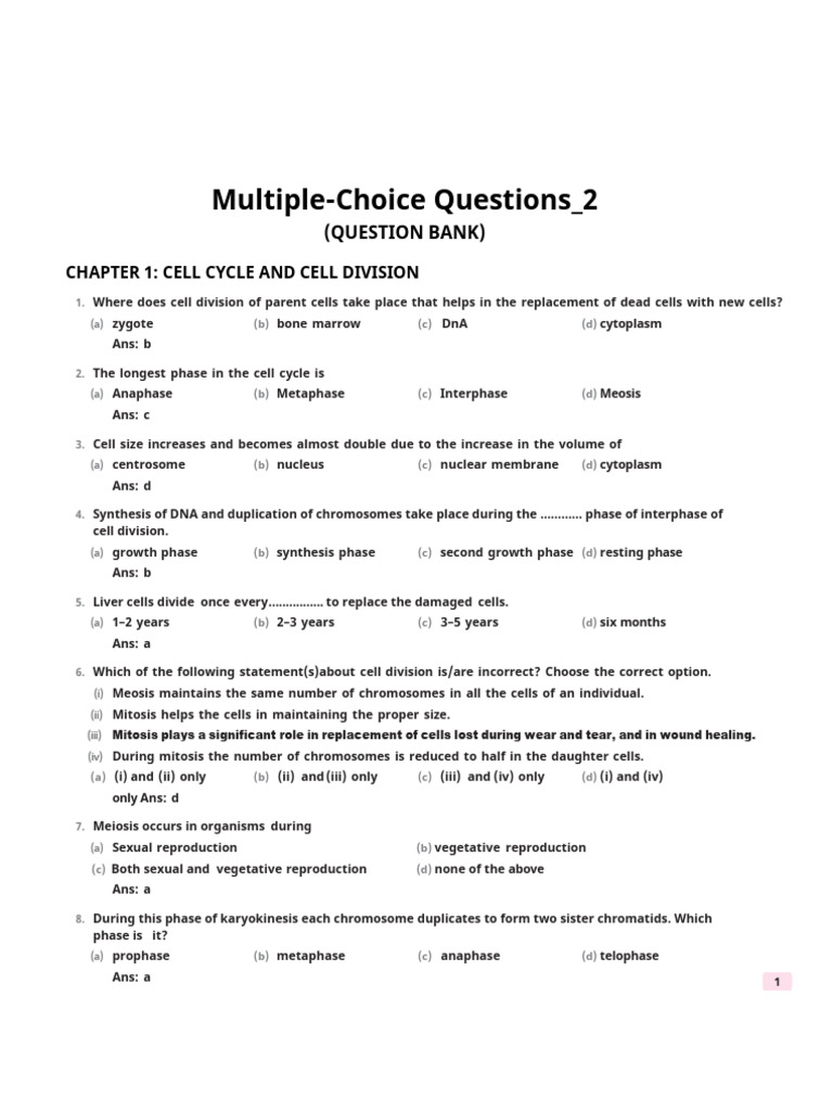 Grade10BiologyMCQs2Answers1 | PDF | Meiosis | Mitosis